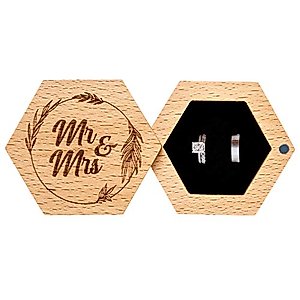 Strova Mr. and Mrs. Wedding Ring Box – Unique Rustic Wooden Hexagon Designed for Proposal, Ceremony, Bearer, Display or Jewelry Organizer Storage – Decorative, Vintage Wood Ring Box for Couples