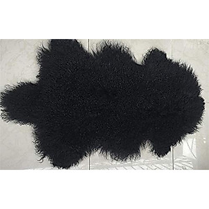 Seek4comfortable Black Genuine Mongolian Sheepskin Pelt Fur Area Rug, Tibetan Curly Fur Throw with Super Fluffy Thick Decorative As Throw Rug 41.5-43.5in Long and 24-25.6 in Wide