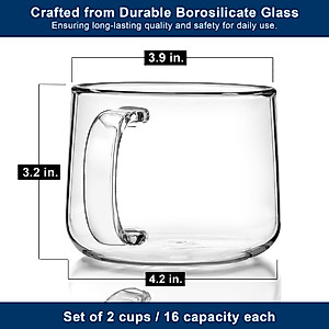 Aquach 16 oz Glass Coffee Mugs with Handle Set of 2 - Large Clear Glass Cups for Latte, Cappuccino, and Tea