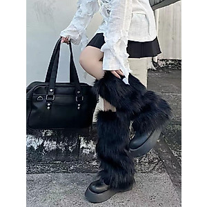 Verdusa Women's Fur Leg Warmers Furry Fuzzy Y2K Long Boot Cuff Covers Black A One-Size