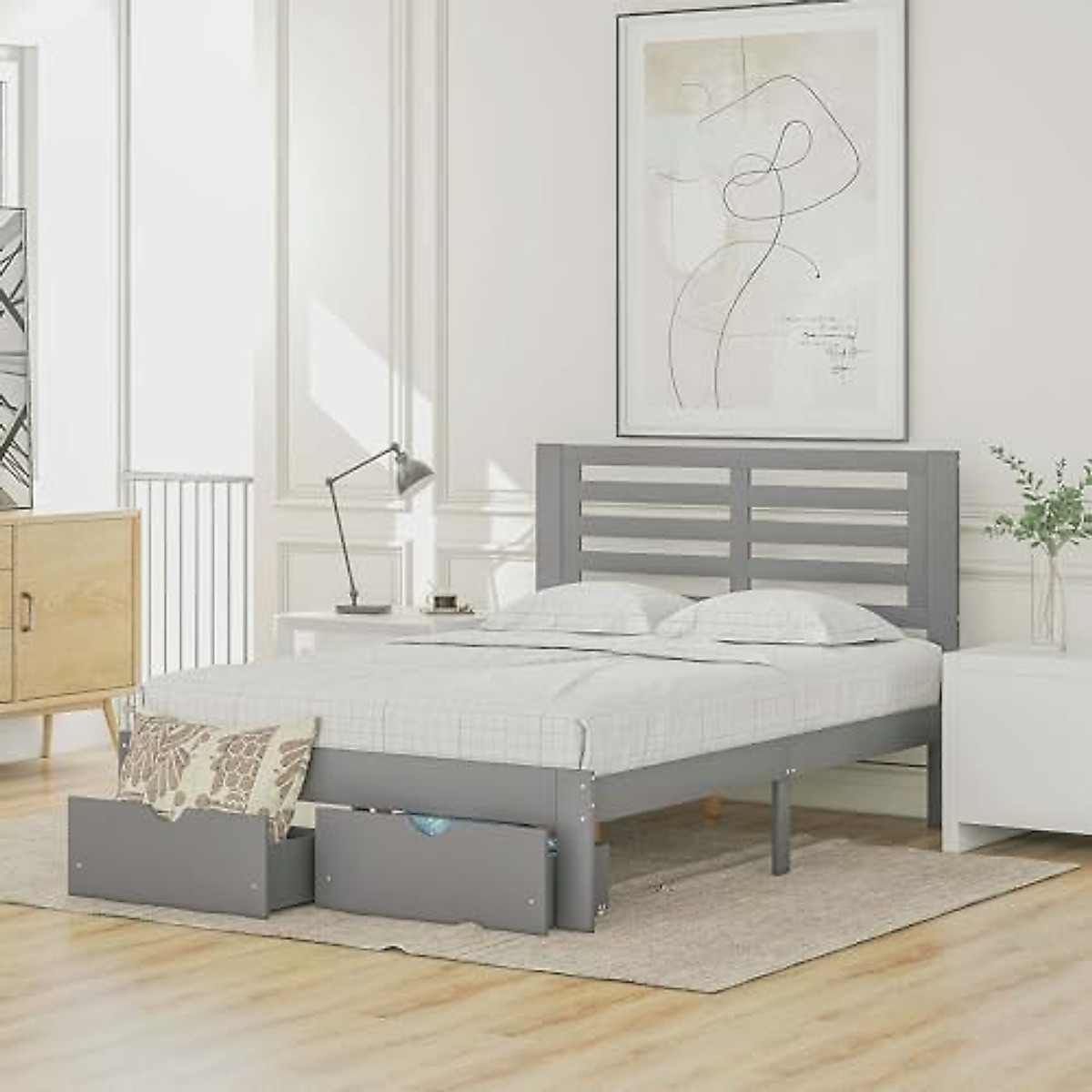 Full Size Bed Frame with 2 Drawers, Full Bed Frame with Storage, Wooden Platform Bed Frame with Headboard, Noise Free, No Box Spring Needed for Teens Adults Bedroom (Gray)