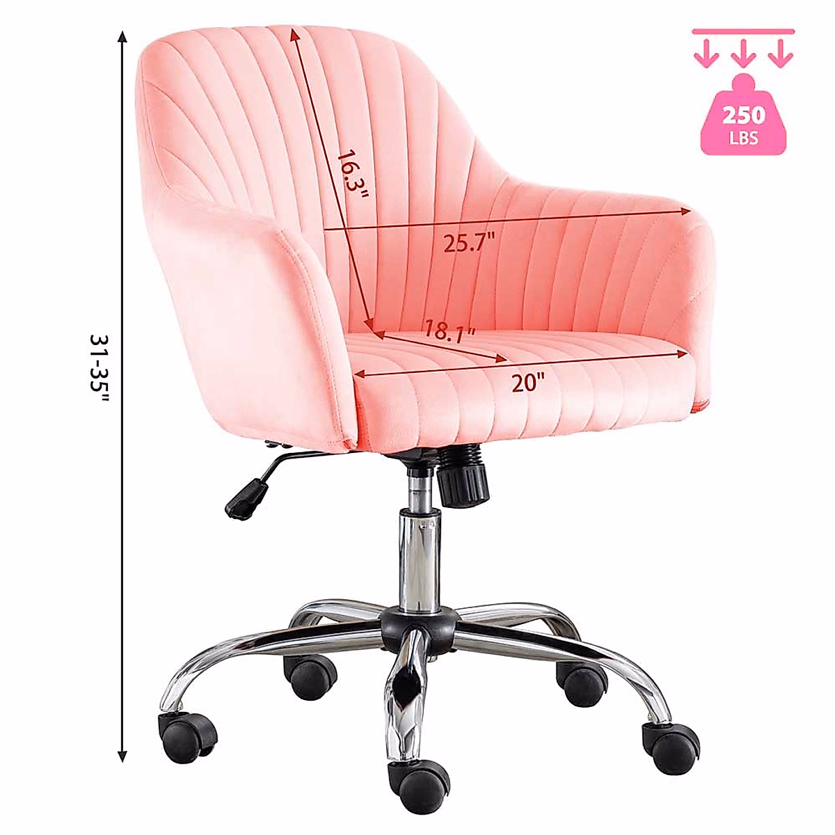 Anwickhomk Pink Vanity Desk Chair Comfy with Back and Wheels,Velvet Rolling Office Chair for Vanity Makeup Room,Height Adjustable,360 Swivel (Pink)
