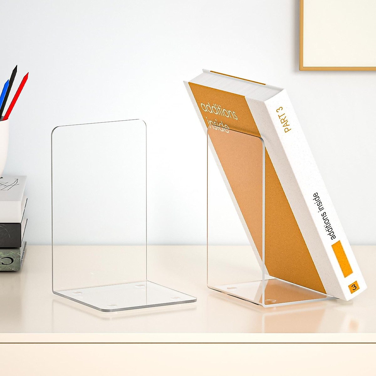 Bookend, DRLIFE Clear Acrylic Bookends for Shelves, Book End, Book Stopper for Heavy Duty Books, CDs, Video Games (1 Pair/2 Pieces)