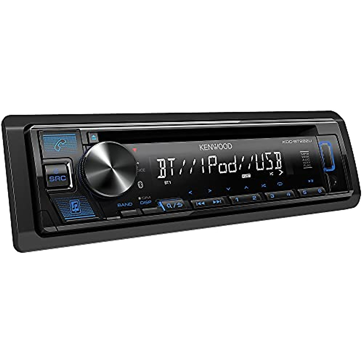 KENWOOD KDC-BT282U CD Car Stereo - Single Din, Bluetooth Audio, USB MP3, FLAC, Aux in, AM FM Radio, Detachable face with White 13-Digit LCD Display and Blue Button Illumination