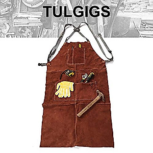 TULGIG's Leather Welding Aprons for Men/Women with Gloves-Adjustable Strap Leather Apron with 6 Tool Pockets-Heat Resistant Heavy Duty Wood Working Apron-Safety Apparel 42 x 24 Blacksmith Apron