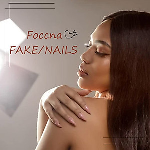 Foccna Nude Fake Nails Long, French Coffin Glossy Press on Nail False Tips Artificial Finger Manicure for Women and Girls 24pcs