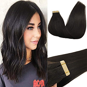 GOO GOO Tape in Hair Extensions Human Hair, 1B Natural black, 20inch 50g 20pcs, Thick Ends Straight Seamless Tape in, Invisible Tape in Hair Extensions Human Hair