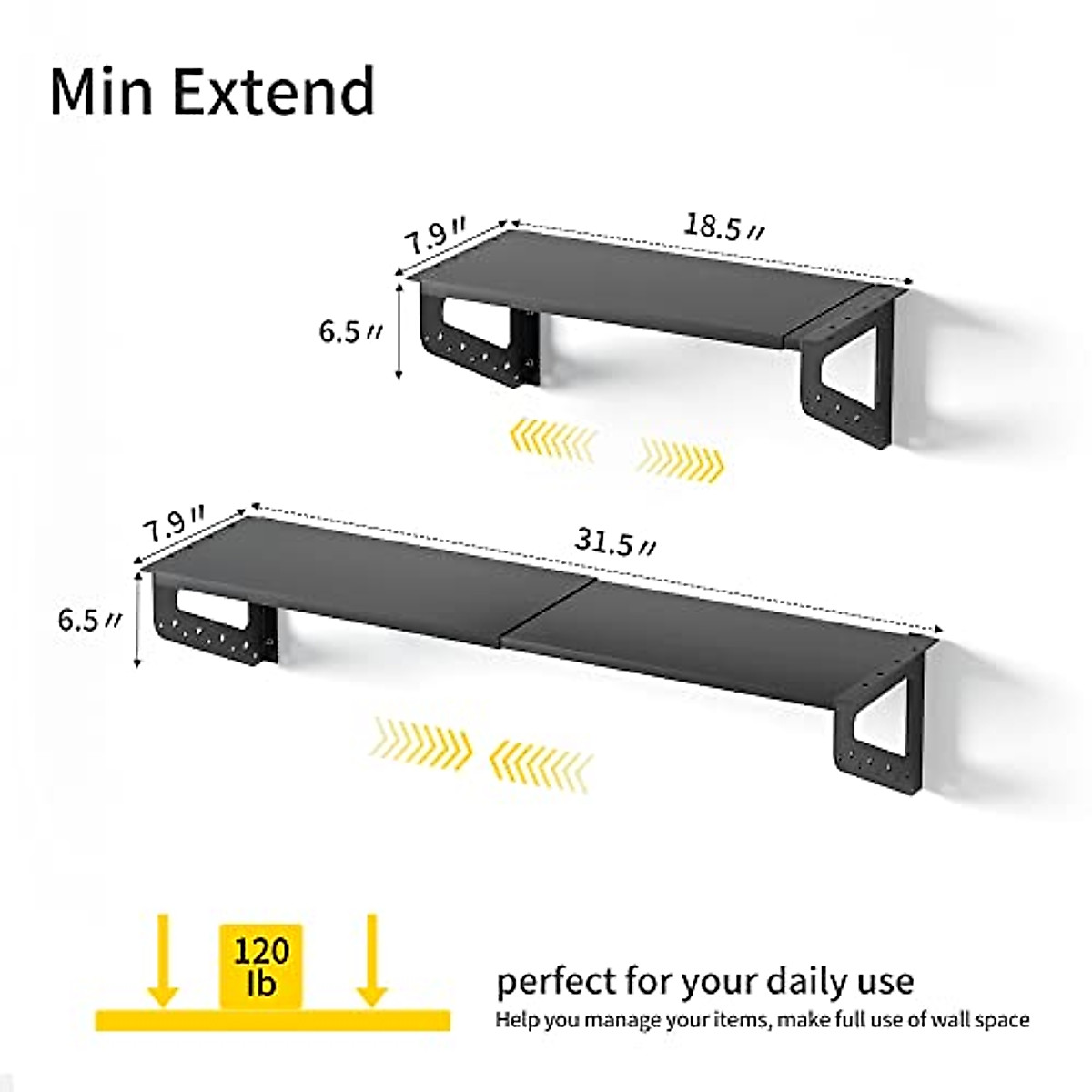 Adjustable Metal Wall Shelves, 8"x18.5"~31.5" ,120lbs Load Heavy Duty Wall Mount Storage Shelves w/ Shelf Bracket for Kitchen, Garage, Hotel, Restaurant, Bar and Utility Room (Black, 8"x18.5"~31.5")