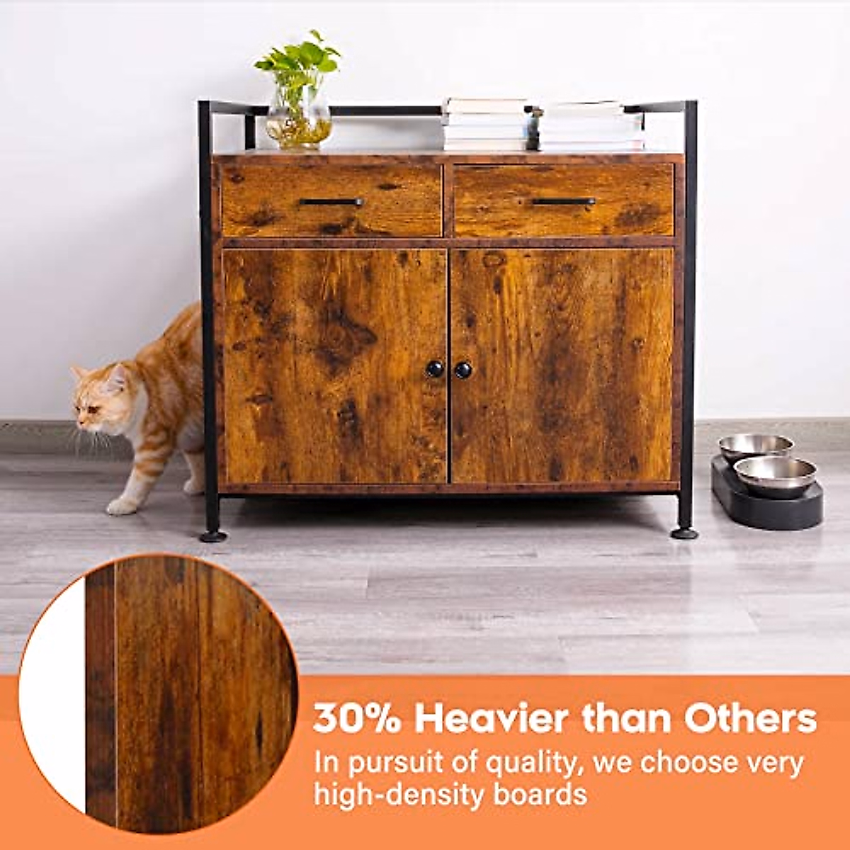 TC-HOMENY Cat Litter Box Enclosure Cabinet Storage Wooden Hidden Cat Washroom Furniture with 2 Doors, Drawers