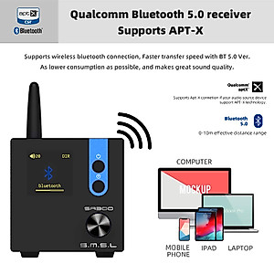 S.M.S.L SA300 HiFi Digital Amplifier, Infineon's MA12070 Chip Class D Power Amp, RCA USB Bluetooth 5.0 APTX Input, Multiple EQ Modes with Remote Control (Black)
