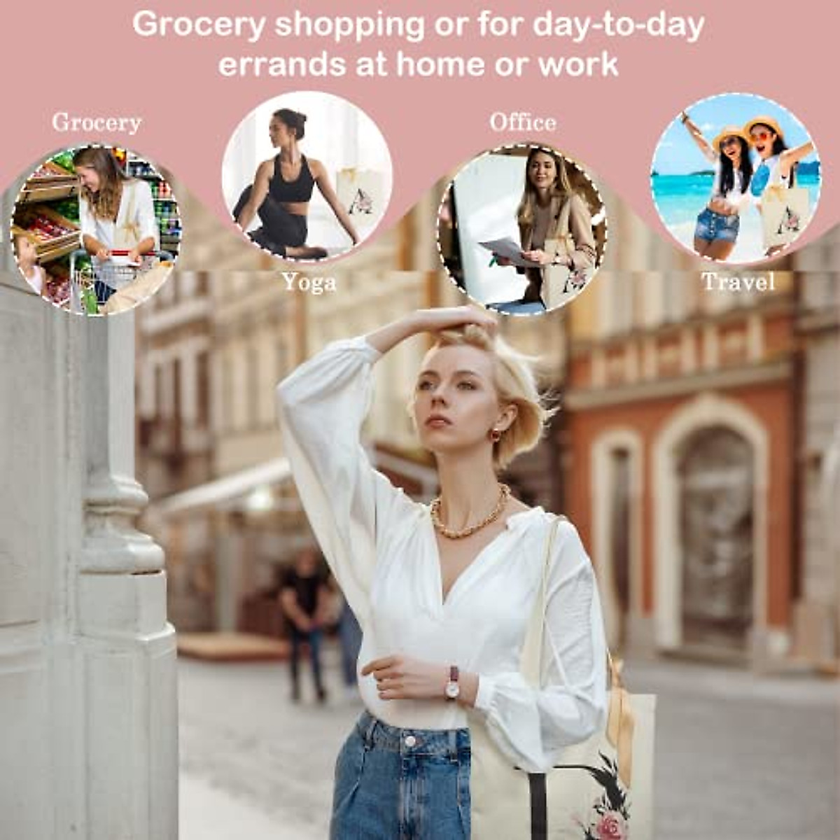 AUNOOL Initial Floral Canvas Tote Bag with 2 Inner Pockets, Personalized Wedding Gift Bag for Women Teacher Bridesmaid Flower, Reusable Shopping Bag for Groceries, Cosmetic Makeup Bag Letter A