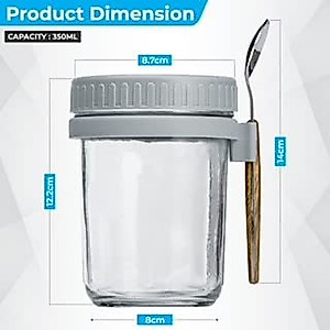 Overnight Oats Mason Jar with Lid and Spoon| 10 OZ| Multi Purpose| Airtight Seal Container with Measurement Marks (Gray)
