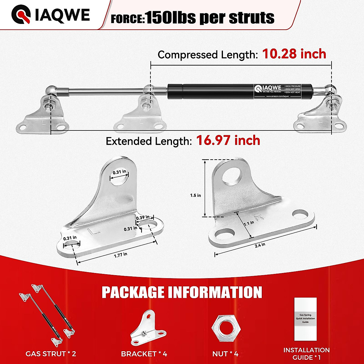 17Inch 150Lbs/667N Gas Struts Spring Shocks Lift Support with L Brackets for RV Murphy Bed Heavy Duty Tool Box Cabinet Trap Basement Door Floor Hatch Lid Truck Canopy Cover Trailer 2pcs by IAQWE