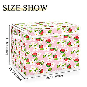 Kigai Pink Strawberry White Flower Storage Basket with Lid Collapsible Storage Bin Fabric Box Closet Organizer for Home Bedroom Office 1 Pack