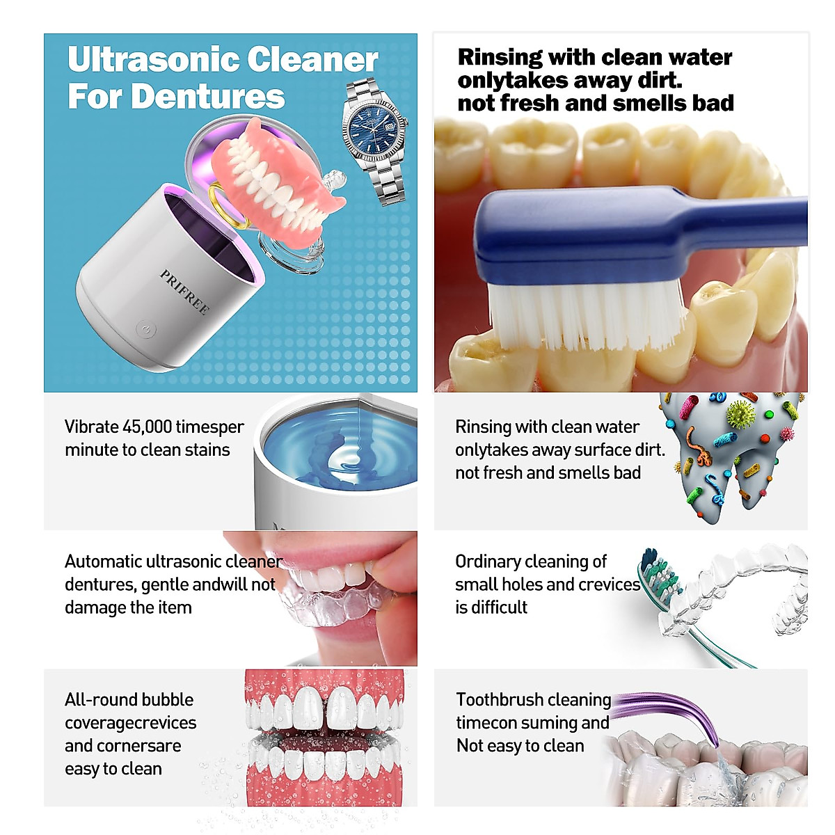 Rechargeable Dentures Cleaning Machine, Ultrasonic Cleaner for Dentures, Retainer, Aligner, Mouth Guard, Braces, Jewelry, Whitening Trays, 45kHz Portable Ultrasonic Retainer Cleaner