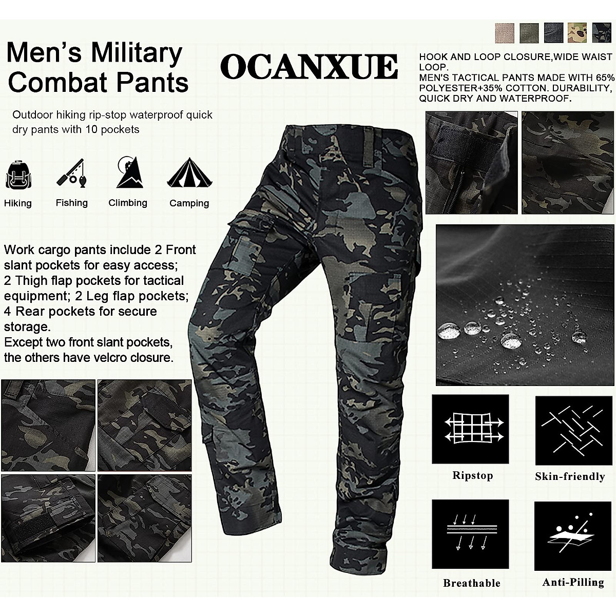 OCANXUE Men's Tactical Pants Camo Cargo Pants Ripstop Work Hiking Pants with 10 Pockets No Belt Size 38