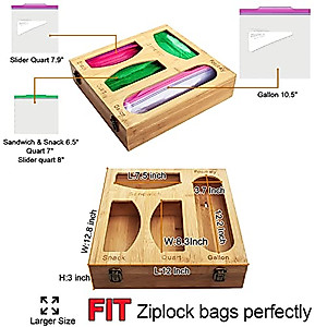 Ziplock Bag Organizer,Bamboo Plastic Bags Container Boxs Dispenser With Lid For Kitchen Drawer,Can Wall Mount And Stand Suitable For Food Sandwich Gallon Baggie Quart Snack Variety Size Bag(Brown)