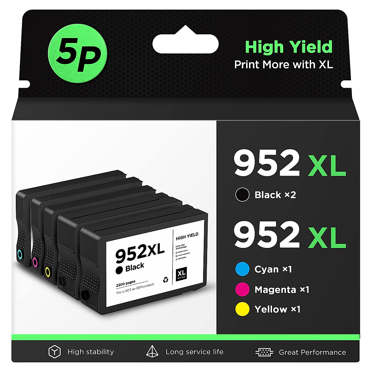 952XL High-Yield Ink Cartridges (5-Pack), Replacement for HP 952 952XL Ink Cartridges Combo Pack (2BK/C/M/Y), Super Larger Capacity, for OfficeJet Pro 8710 8715 8720 7720 7740 8210 8702 8725 Printer