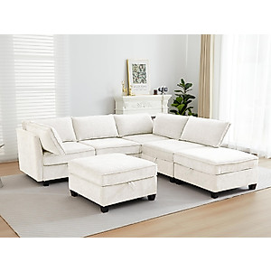 Corner Modular Sectional Sofa Set, Convertible L Shaped Couch with Storage, 6 Seater Sofa Modular with Ottomans and Reversible Chaise for Living Room, Office (Beige)