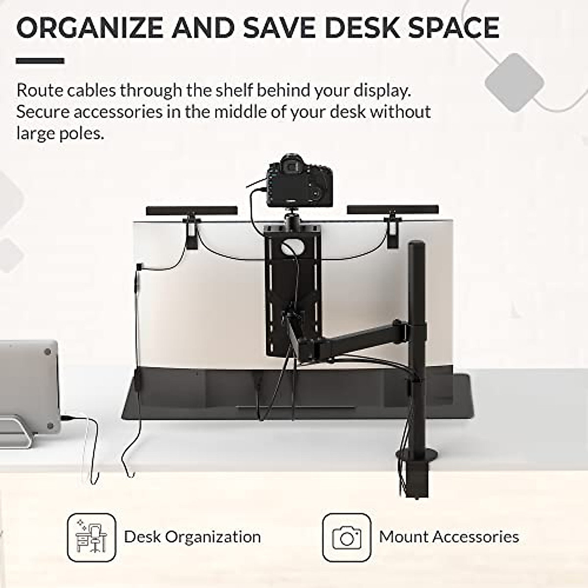 HumanCentric DSLR Monitor Mount – Monitor Shelf for Desk Camera Mount, Light Webcam and Microphone Camera Shelf for Monitor VESA Arm, Replace Clamp Tripods for Camera Desk Mount, Small
