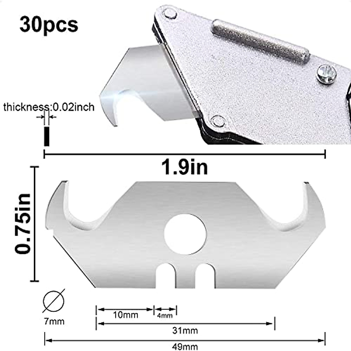 Utility Knife Blades Hooks Carpet Hook,30Pcs Steel Razor Blade Knives with Storage Box for Roofing and Linoleum, Carpenter Replacement Easycut Shingle Cutter to Trim (Utility Knife Blades Hooks Kit)