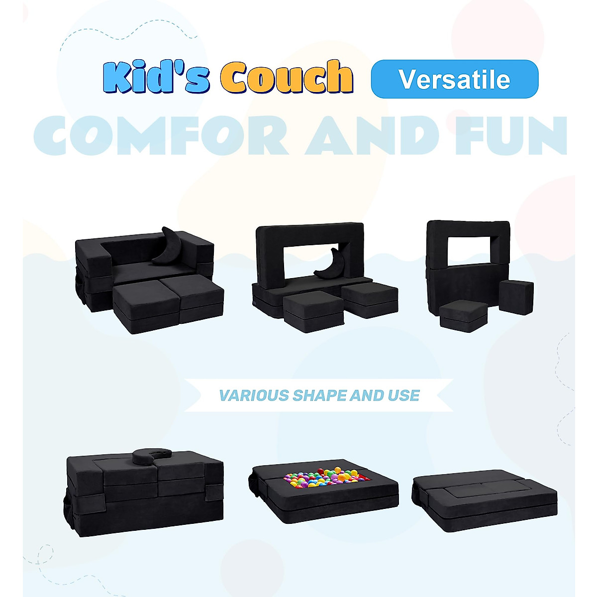 Elftopia Modular Kids Sofa,Toddler Couch Foam Armchair for Kids, Children Convertible Plush Sofa Play Set,Fold Out Sofa Bed(Black)