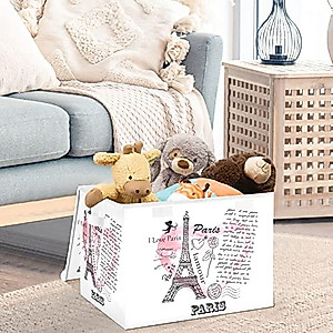 CaTaKu I Love Paris Storage Bins with Lids and Handles, Fabric Large Storage Container Cube Basket with Lid Decorative Storage Boxes for Organizing Clothes