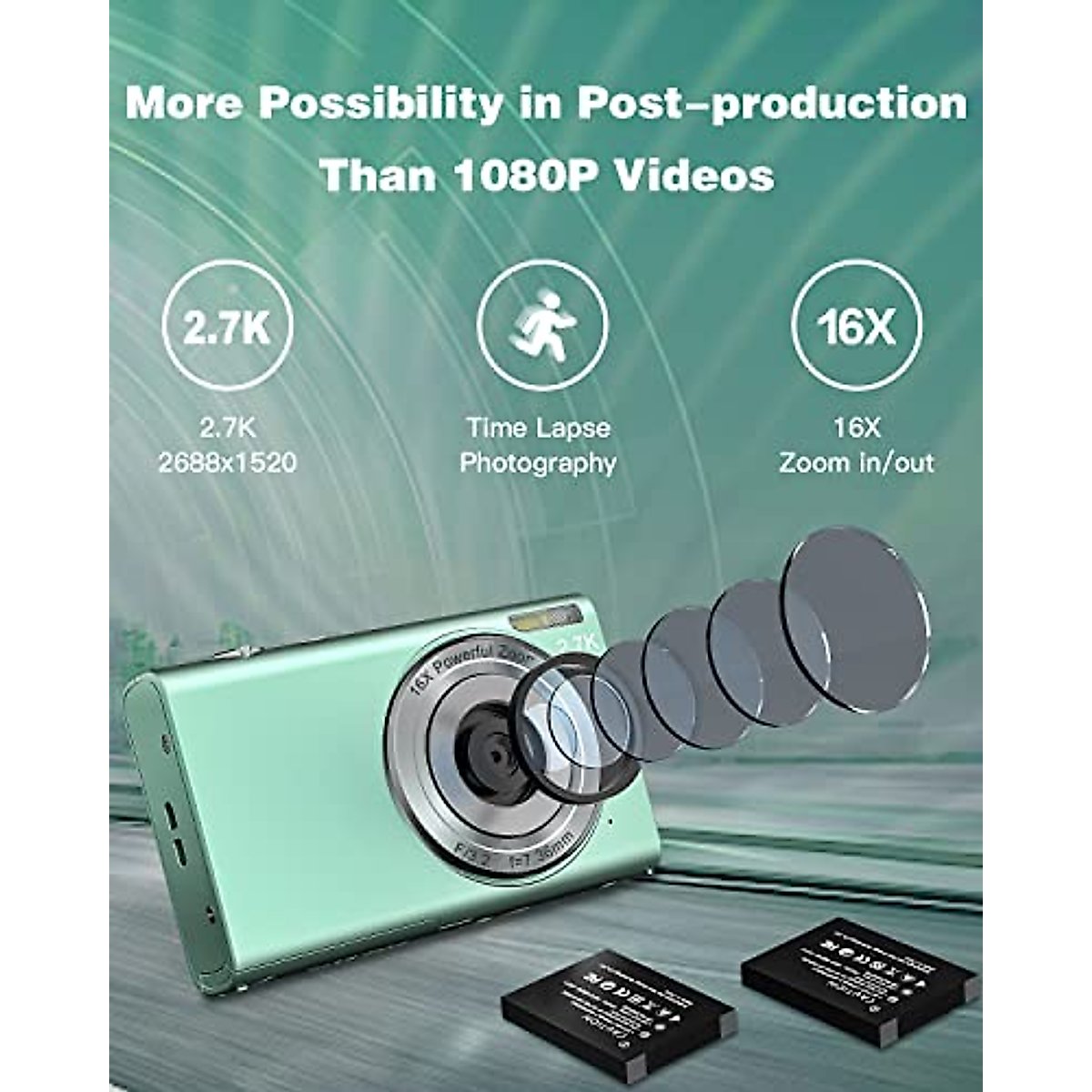 Digital Camera 2.7K 48MP Vlogging Camera, Auto Focus Digital Point and Shoot Camera with 32GB Memory Card,16X Zoom-Pink