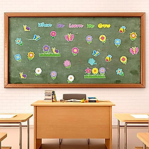 G1ngtar 64 Pcs When We Learn We Grow Bulletin Board Decoration Set Spring Summer Butterfly Bee Snail Flowers DIY Cardstock Paper Cutouts Wall Decals Teacher Supplies for Classroom School Kindergarten