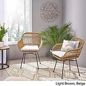 Christopher Knight Home Rodney Indoor Woven Faux Rattan Chairs with Cushions (Set of 2), Light Brown and Beige Finish