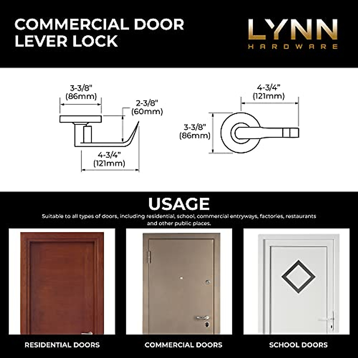 LYNN HARDWARE Commercial Door Lever Lock - Heavy-Duty Locking Door Handle, Designer Door Handles, Cylindrical Lever Lock, Non-Handed Grade 2 Door Handle, Satin Chrome, Classroom Function