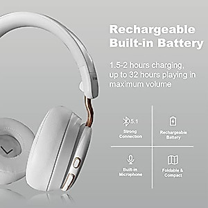 Hmusic Bluetooth Headphones, On Ear Headphones, Bluetooth 5.1 or Wired Connection, 32H Playtime Soft Protein Leather Ear Cups Wireless Headphone with Built-in Mic for Travel, Home, Office (White)