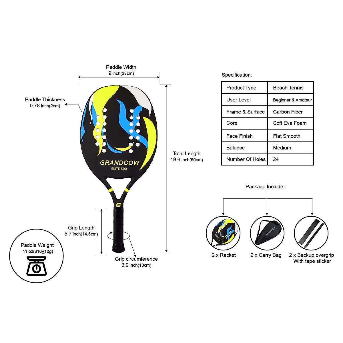 GRANDCOW Beach Tennis Paddle Racket Carbon Fiber with EVA Memory Foam Core Tennis Padel (2Pcs Black)