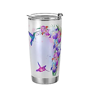 Bright Iris Flowers Hummingbirds Travel Mug Insulated Tumbler with Lid and Straw Spring Floral Beautiful Stainless Steel Vacuum Double Walled Drinking Cup Keeps Drinks Cold&Hot Water Bottle for Trave