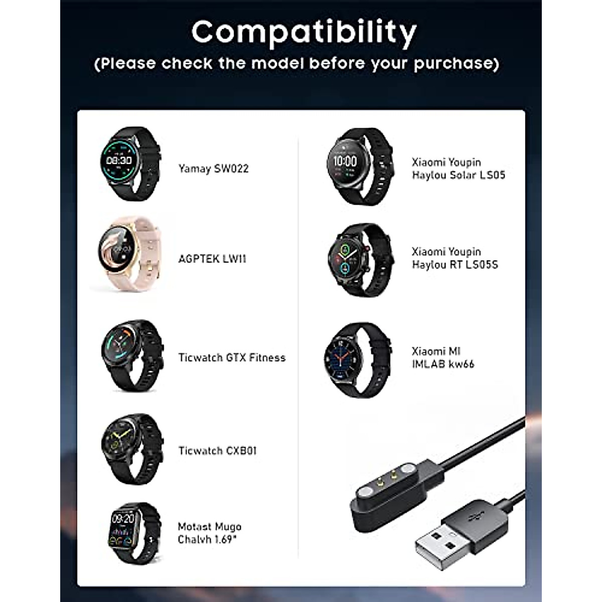 TiMOVO Charger Compatible with SW022/LW11/GTX Fitness/CXB01/Mugo Chalvh 1.69", [2-Pack] Magnetic USB Charging Cable 3.3ft/100cm, Replacement Charging Power Cable Cord,Black