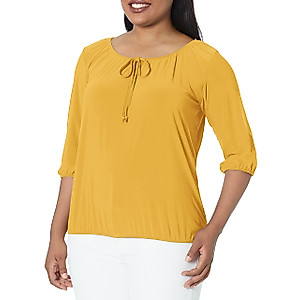 Star Vixen Women's 3/4 Sleeve, Front Tie Peasant Top, Mustard, X-Large