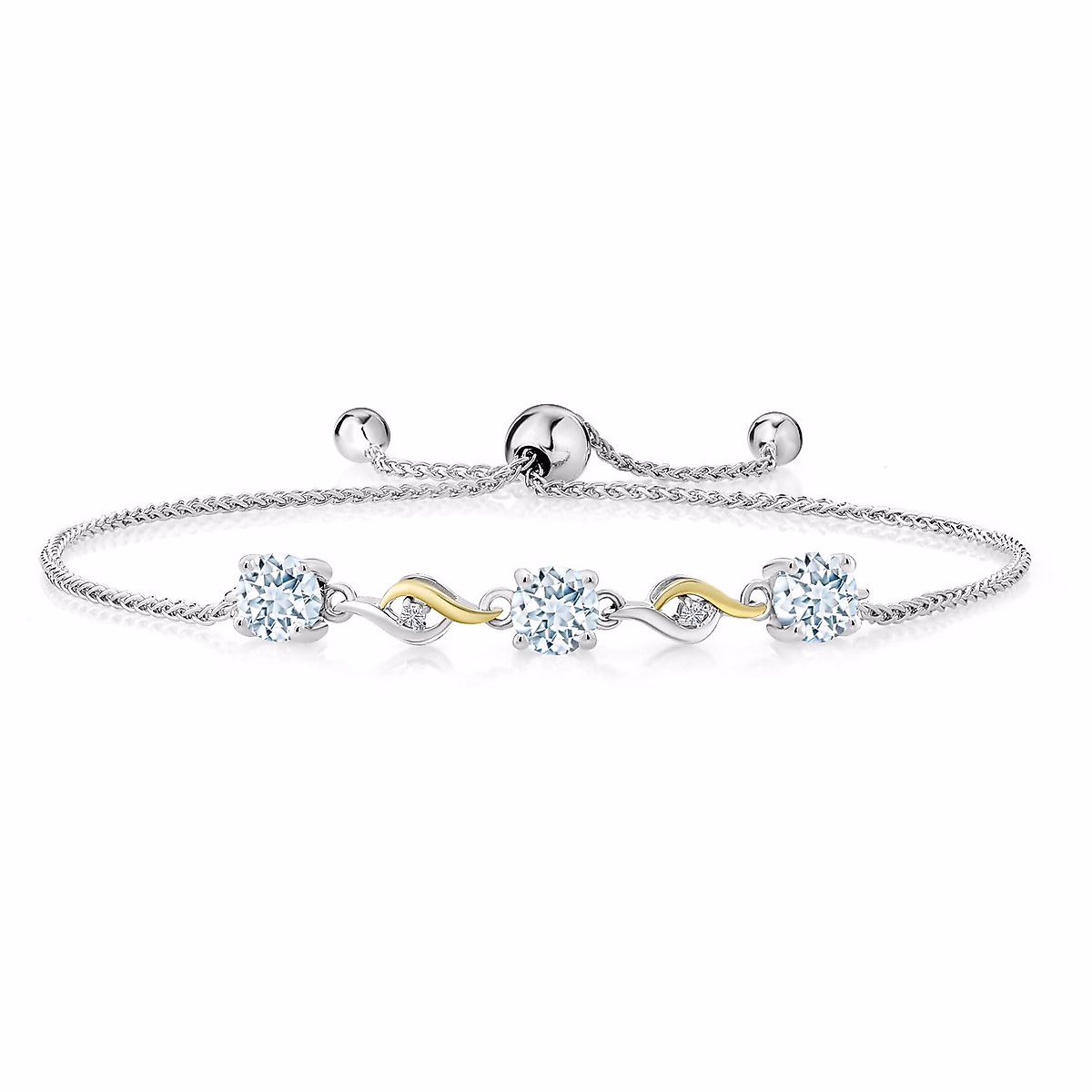 Gem Stone King 925 Silver and 10K Yellow Gold Bracelet For Women Round Sky Blue Aquamarine and Moissanite (1.52 Cttw)