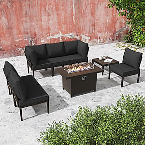 Gotland 6-Seater Patio Furniture Set with 43in Gas Fire Pit Table - Modern Outdoor Metal Sectional Sofa with 55,000 BTU Propane Fire Pit, Black Cushions