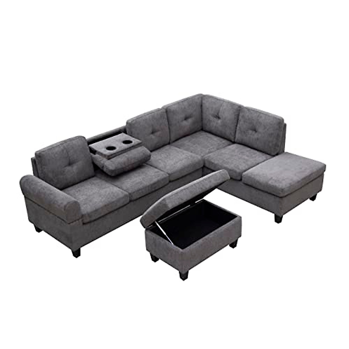 EMKK Modern Sectional Sofa Set Left Right Chaise Lounge & Storage Ottoman Upholstered Corner L Shaped Sofá Living Room Couch w/Cup Holder, Arm Nail for Home/Office, Grey Leftchaise