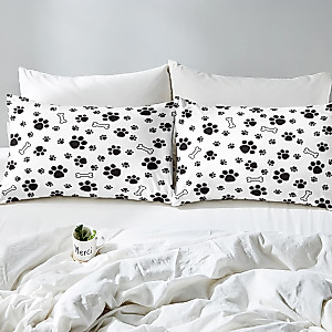 Castle Fairy Dog Paw Print Duvet Cover for Boys,Girls Puppy Bone Comforter Cover Full Size,Black White Bedding Set Kids Teen Room Decor Bed Cover,Dog Footprints Bedclothes with Zipper