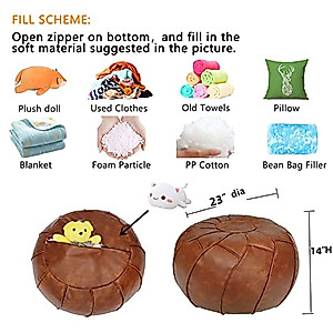 Thgonwid Unstuffed Pouf Cover - Round Foot Stool Ottoman - Storage Bean Bag Floor Chair - Luxury Leather Pouffe - Small Foot Rest for Living Room, Kids Room or Bedroom (Brown)