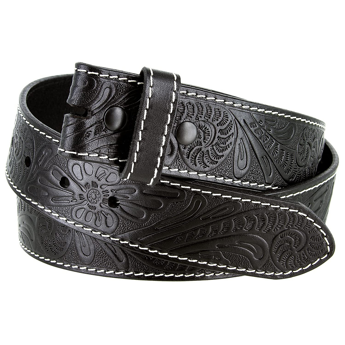 Engraved Tooled Leather Genuine Full Grain Western Floral Belt Strap 1-1/2" Wide (Black, 38)
