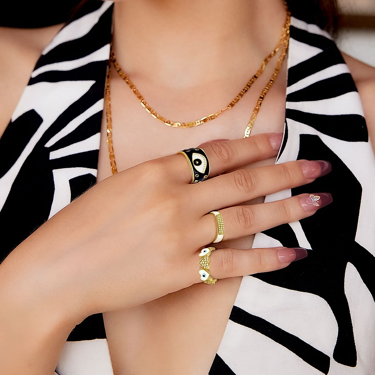 SISMIURRA 4PCS Evil Eye Ring Set Y2K Colorful Enamel Adjustable Gold Rings for Women Aesthetic Trendy Ring Set for Teen Girls