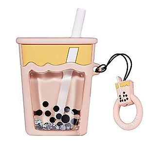 Compatible with AirPods Case Milk Tea Liquid 1/2, Protective Silicone Skin Cover for AirPod Case Quicksand Tea with Ring, Girls Women Funny Kawaii Cute Fashion Cartoon 3D for AirPods Case Boba