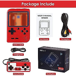 Retro Handheld Game Console with 500 Classic FC Games, Portable Retro Game Console, 3-inch LCD Screen and Add-on Controller, Handheld Game Console Supports Connectivity to TV and Two Players (RED)
