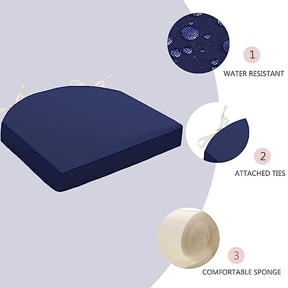 Sqodok Outdoor Chair Cushions 17"x16"x2" Waterproof Patio Cushions for Outdoor Furniture, Round Corner Chair Cushions for Patio Furniture Seat Cushion with Ties Set of 2, Dark Blue