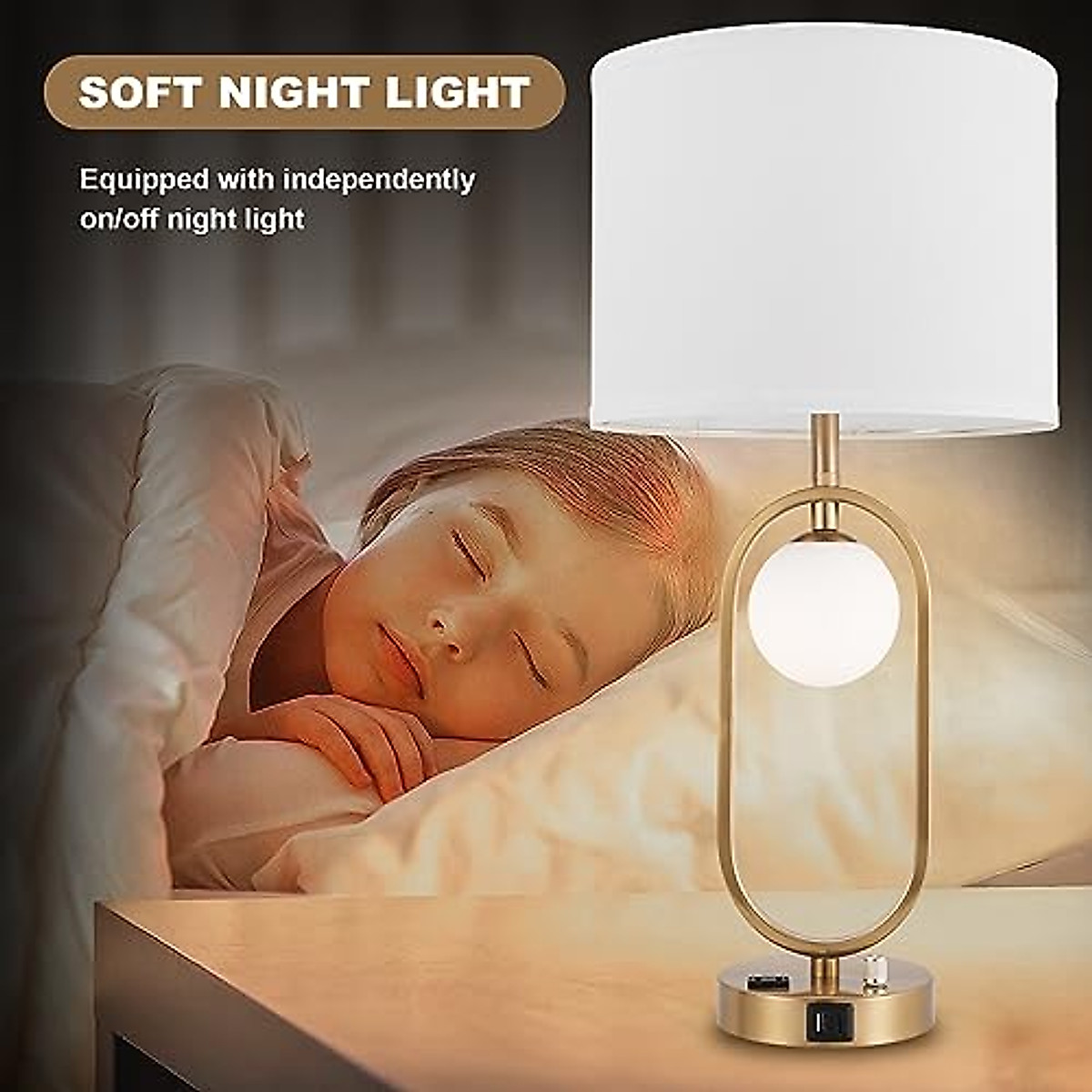 Thirdpolite Modern Table Lamps Set of 2, Touch Bedside Nightstand Lamps with USB Ports and AC Outlet, 3 Way Dimmable Desk Lamps with Fabric Shade for Bedroom, Living Room