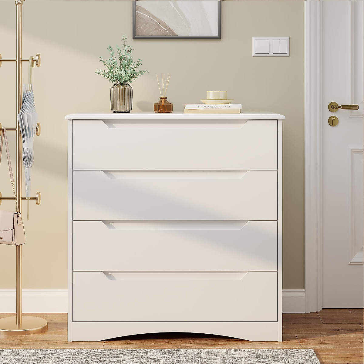Bealife 4 Drawer Dresser, White Dresser for Bedroom for Storage, Modern Chest of Drawers with Recessed Handle and Anti-Tipping Device for Office, Living Room, Hallway
