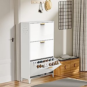 WIILAYOK Shoe Cabinet, Freestanding/Wall Mounted Shoe Storage Cabinet Organizer with 3 Flip Drawers and Internal Adjustable Shelves, Metal Shoe Rack Cabinet for Entryway, Hallways, Closet (White)