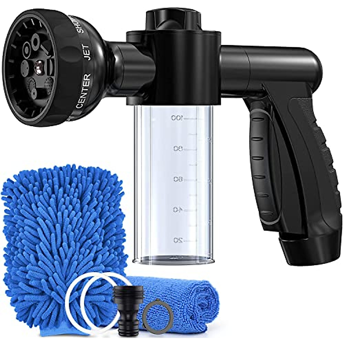Garden Hose Nozzle, Yiebaels High Pressure Foam Sprayer 8 Spray Patterns with 3.5oz/100cc Soap Dispenser and Washing Mitt, Water Hose Soap Nozzle Sprayer for Watering Plants, Car Wash, Pet Showering